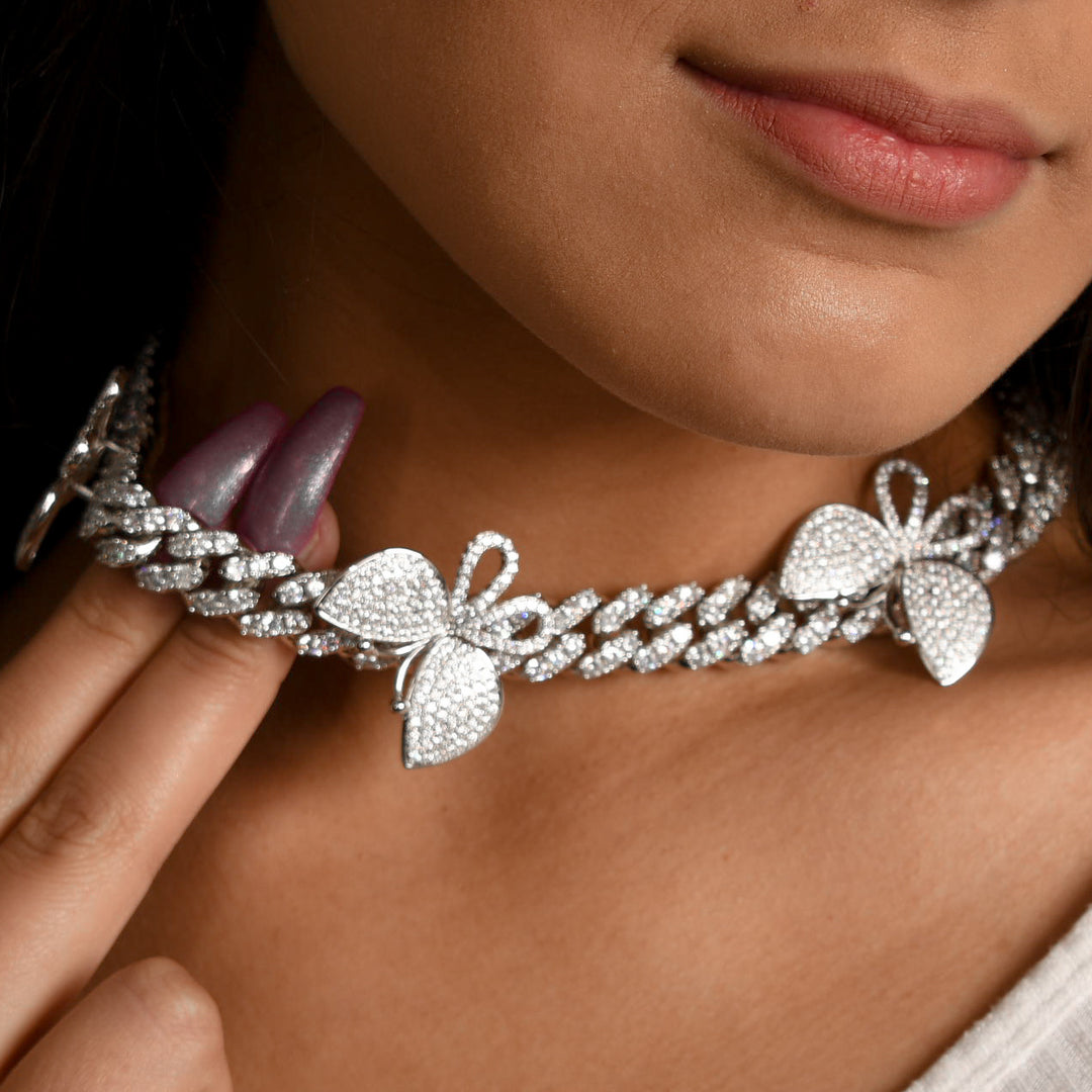 Diamond Miami Cuban Link Choker with White Butterflies LuxIcejewelry